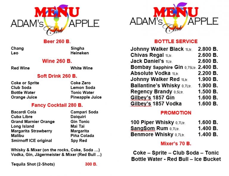 Beverage Menu Adams Apple Club Chiang Mai